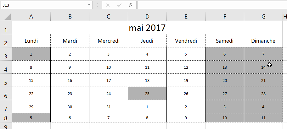 DVP Excel - Calendrier perpétuel